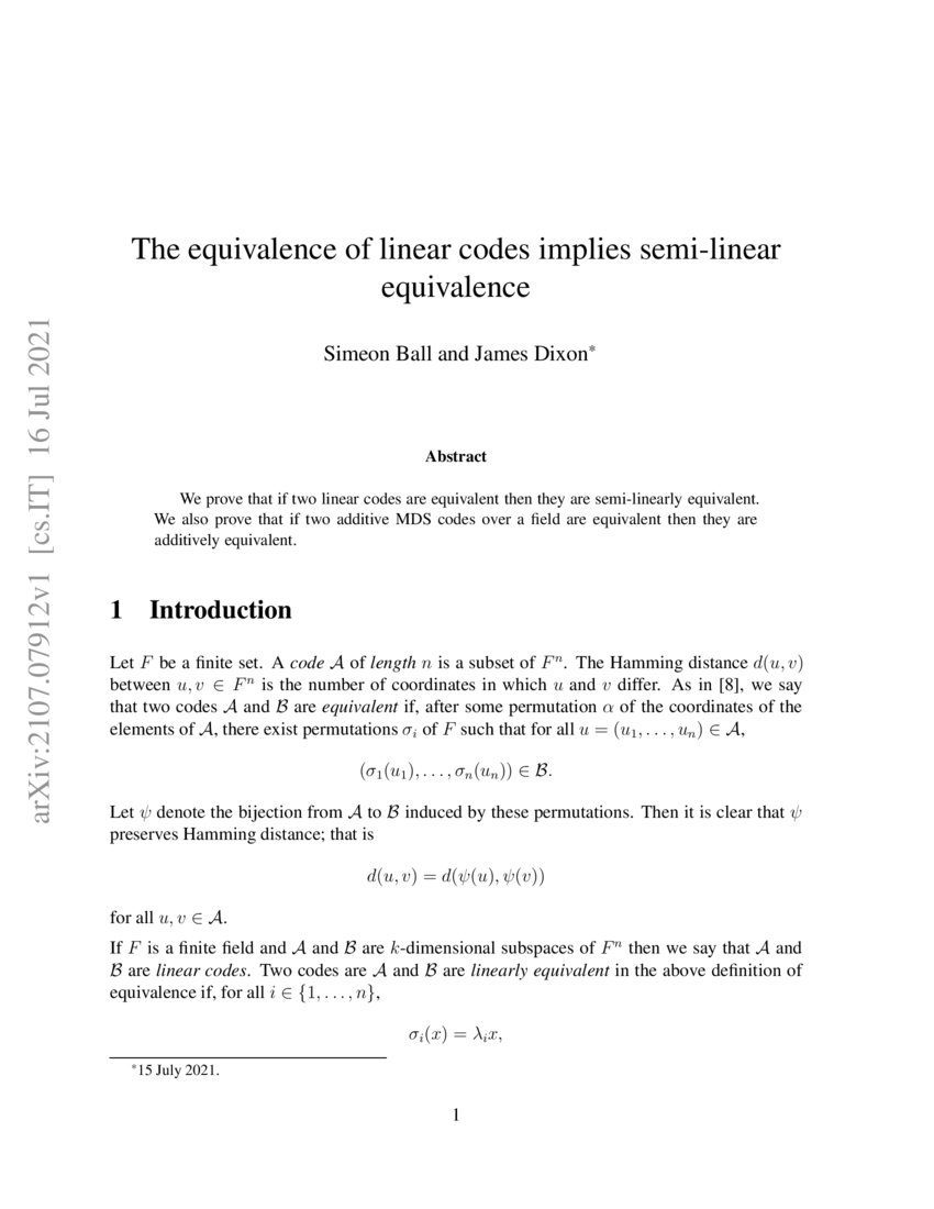 The equivalence of linear codes implies semi-linear equivalence | DeepAI