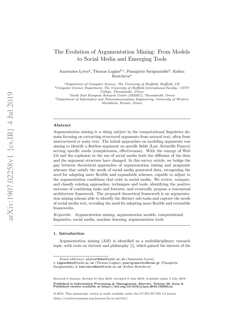 The evolution of argumentation mining: From models to social media and emerging tools | DeepAI