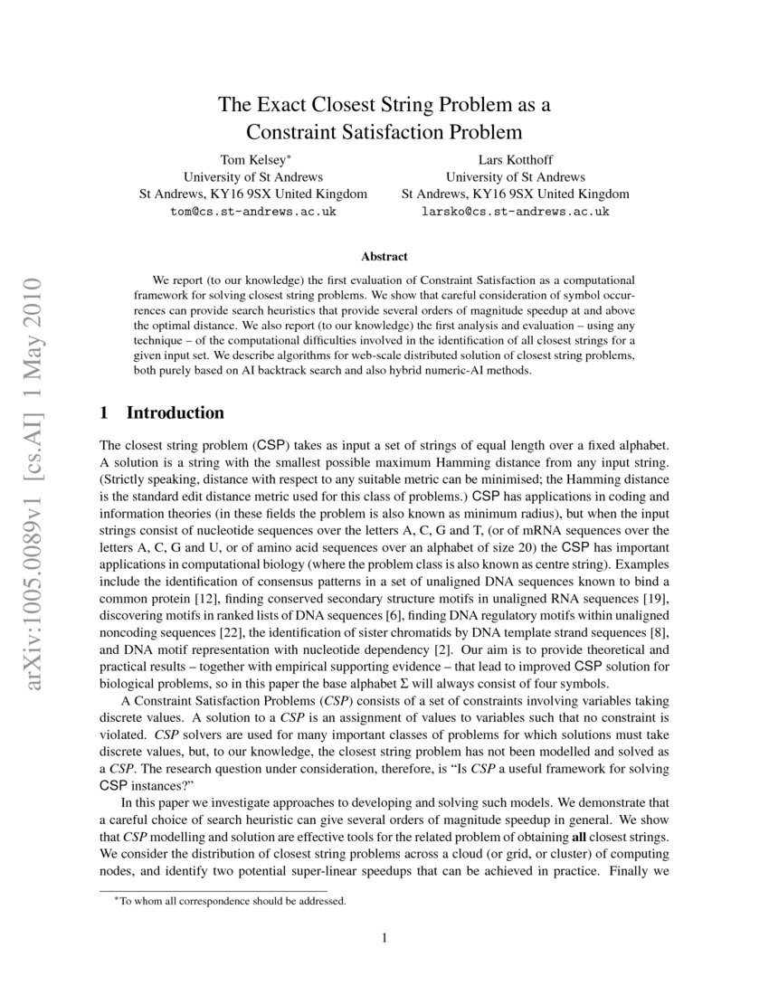 The Exact Closest String Problem As A Constraint Satisfaction Problem Deepai 