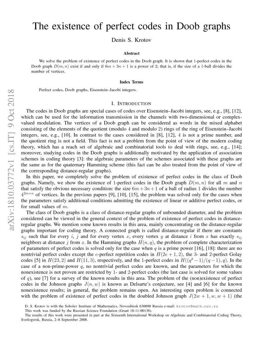 The existence of perfect codes in Doob graphs | DeepAI