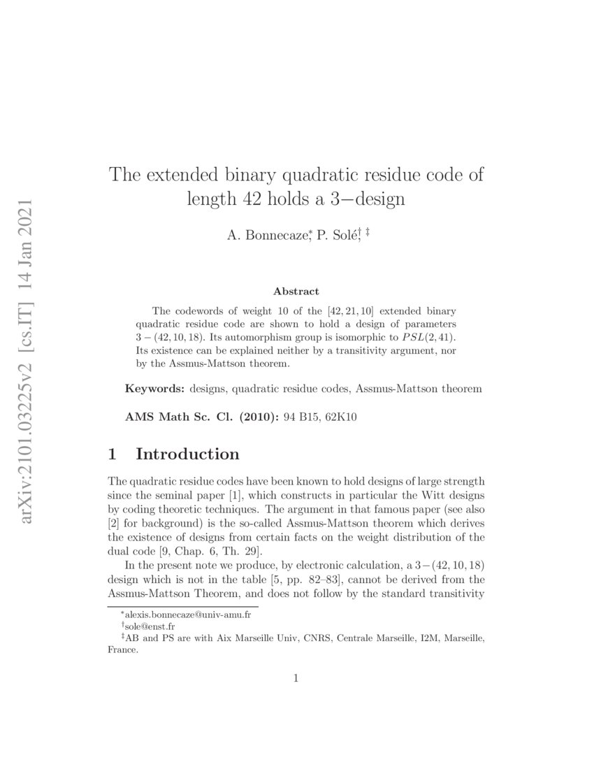The Extended Binary Quadratic Residue Code Of Length 42 Holds A 3 Design Deepai