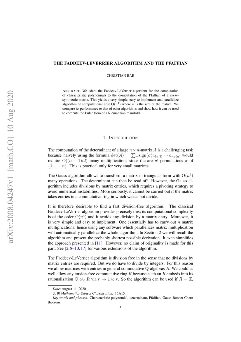The Faddeev Leverrier Algorithm And The Pfaffian Deepai
