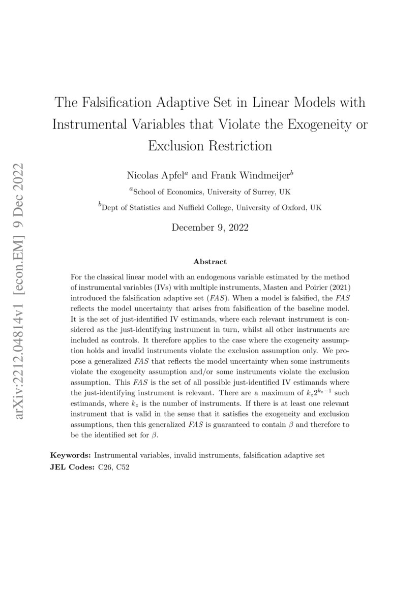 The Falsification Adaptive Set in Linear Models with Instrumental Variables that Violate the ...