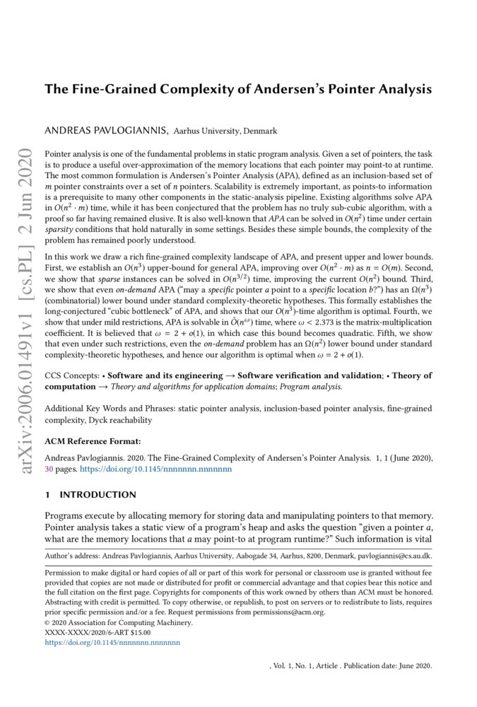 The Fine-Grained Complexity of Andersen's Pointer Analysis | DeepAI