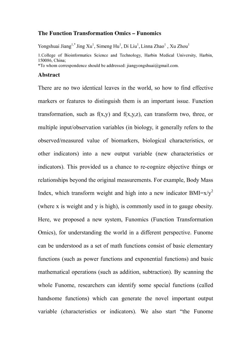 The Function Transformation Omics - Funomics | DeepAI