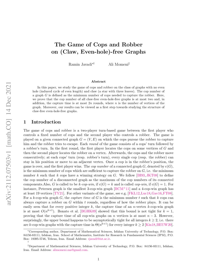 The Game of Cops and Robber on (Claw, Even-hole)-free Graphs | DeepAI