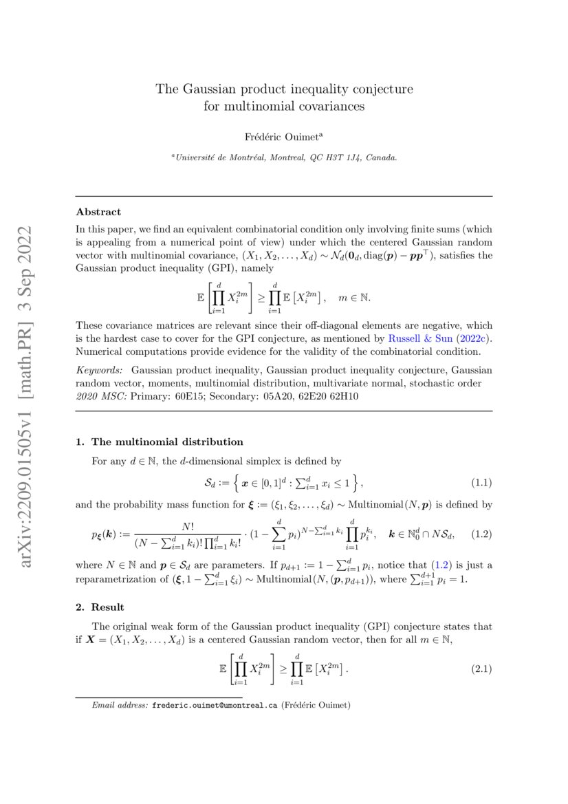 The Gaussian product inequality conjecture for multinomial covariances | DeepAI