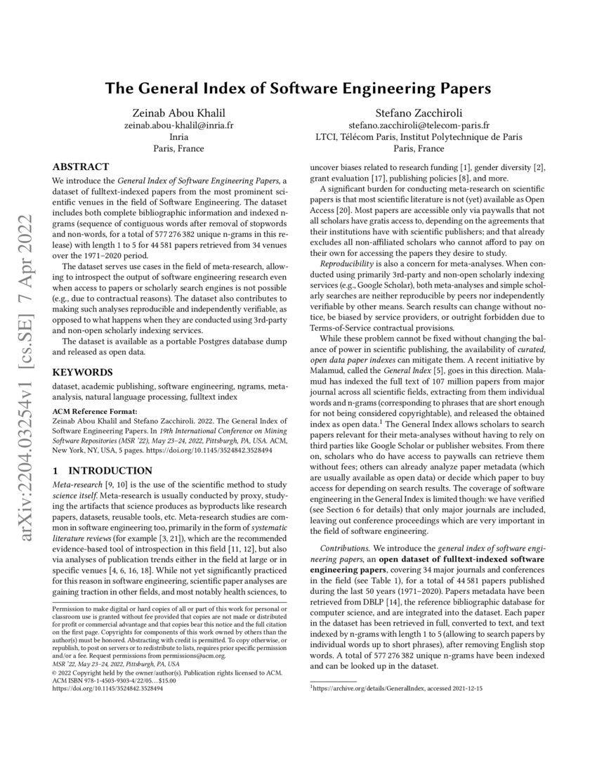The General Index of Software Engineering Papers | DeepAI