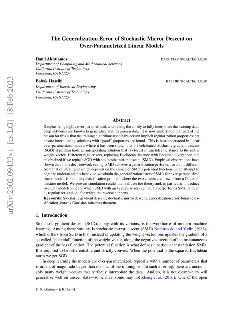 The Generalization Error Of Stochastic Mirror Descent On Over Parametrized Linear Models Deepai