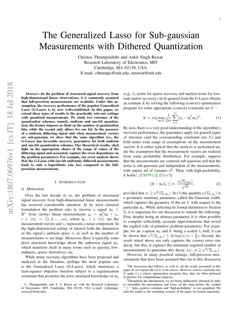 The Generalized Lasso For Sub Gaussian Measurements With Dithered Quantization Deepai