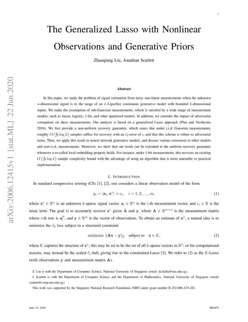 The Generalized Lasso With Nonlinear Observations And Generative Priors Deepai