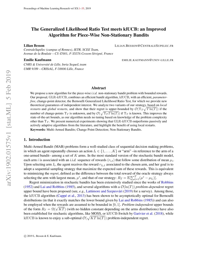The Generalized Likelihood Ratio Test meets klUCB: an Improved ...