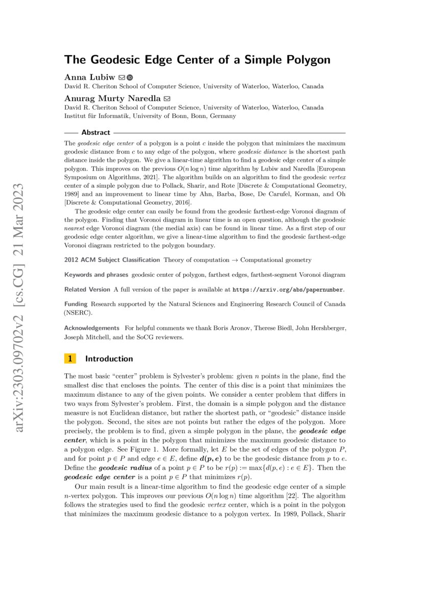 The geodesic edge center of a simple polygon | DeepAI