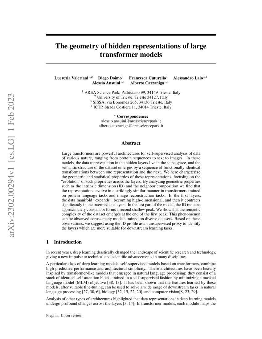 The geometry of hidden representations of large transformer models | DeepAI