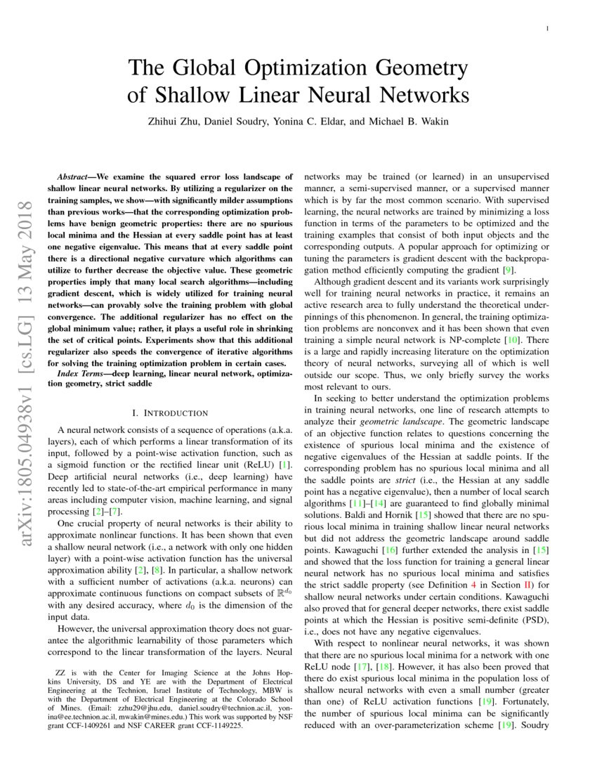 The Global Optimization Geometry of Shallow Linear Neural Networks | DeepAI