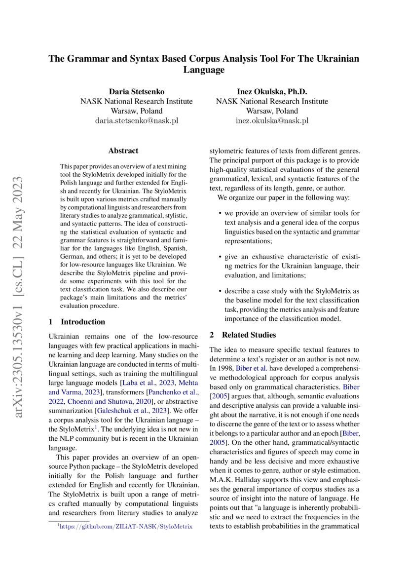 The Grammar And Syntax Based Corpus Analysis Tool For The Ukrainian Language Deepai