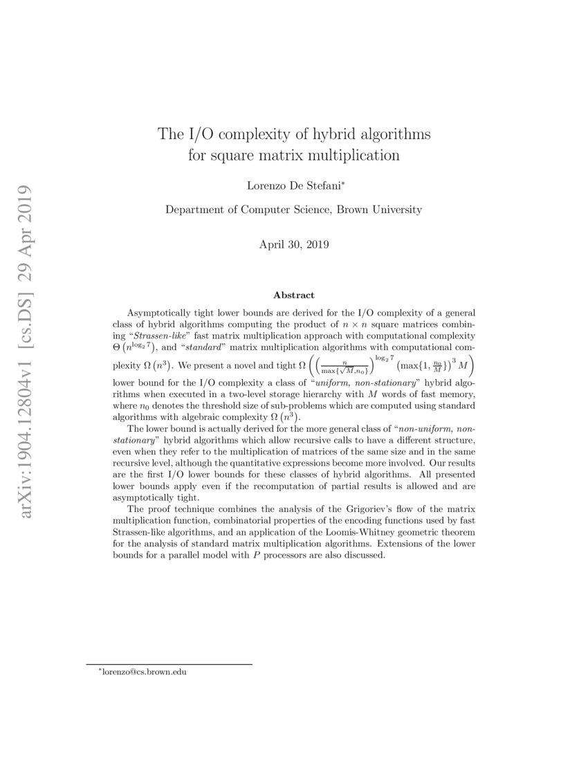 The Io Complexity Of Hybrid Algorithms For Square Matrix