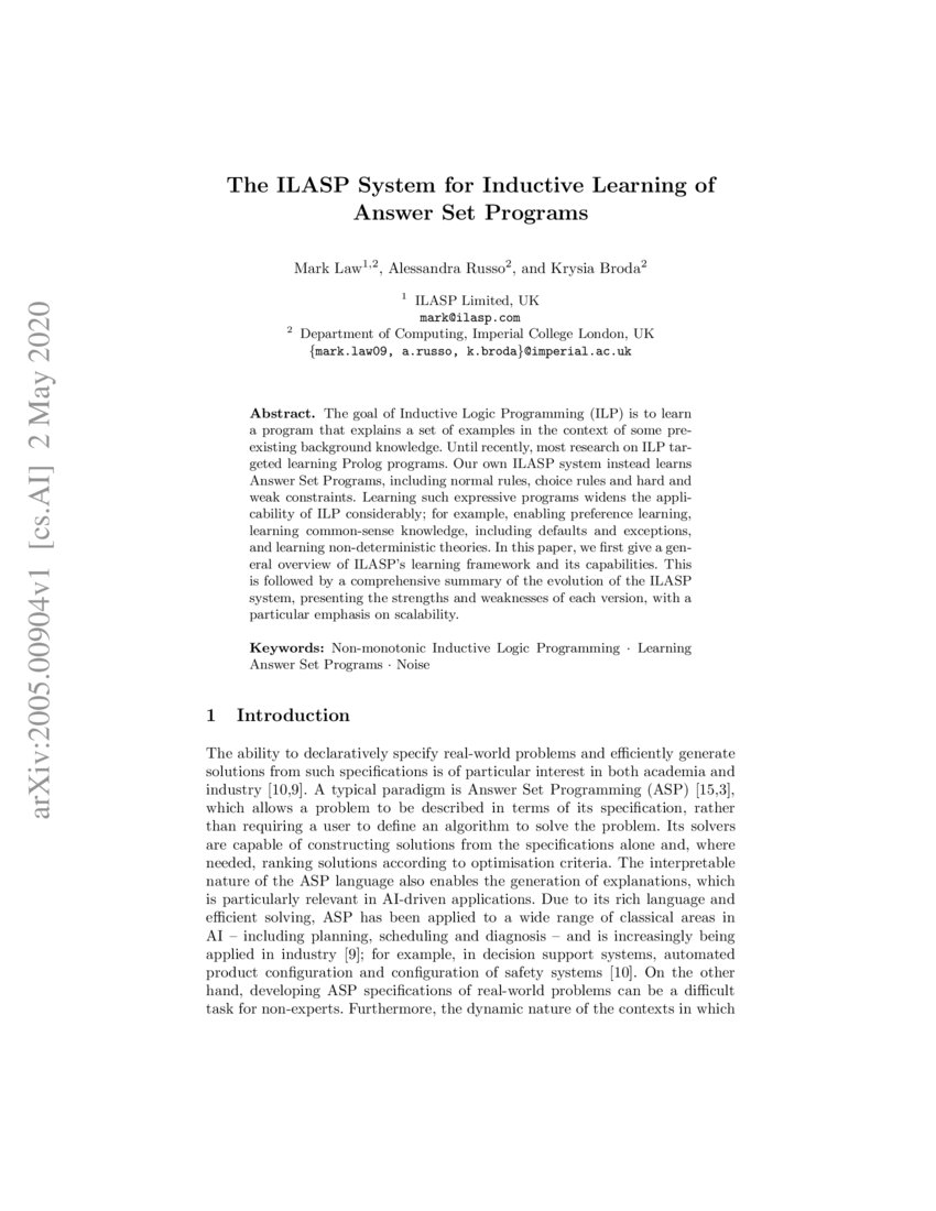 The ILASP system for Inductive Learning of Answer Set Programs | DeepAI