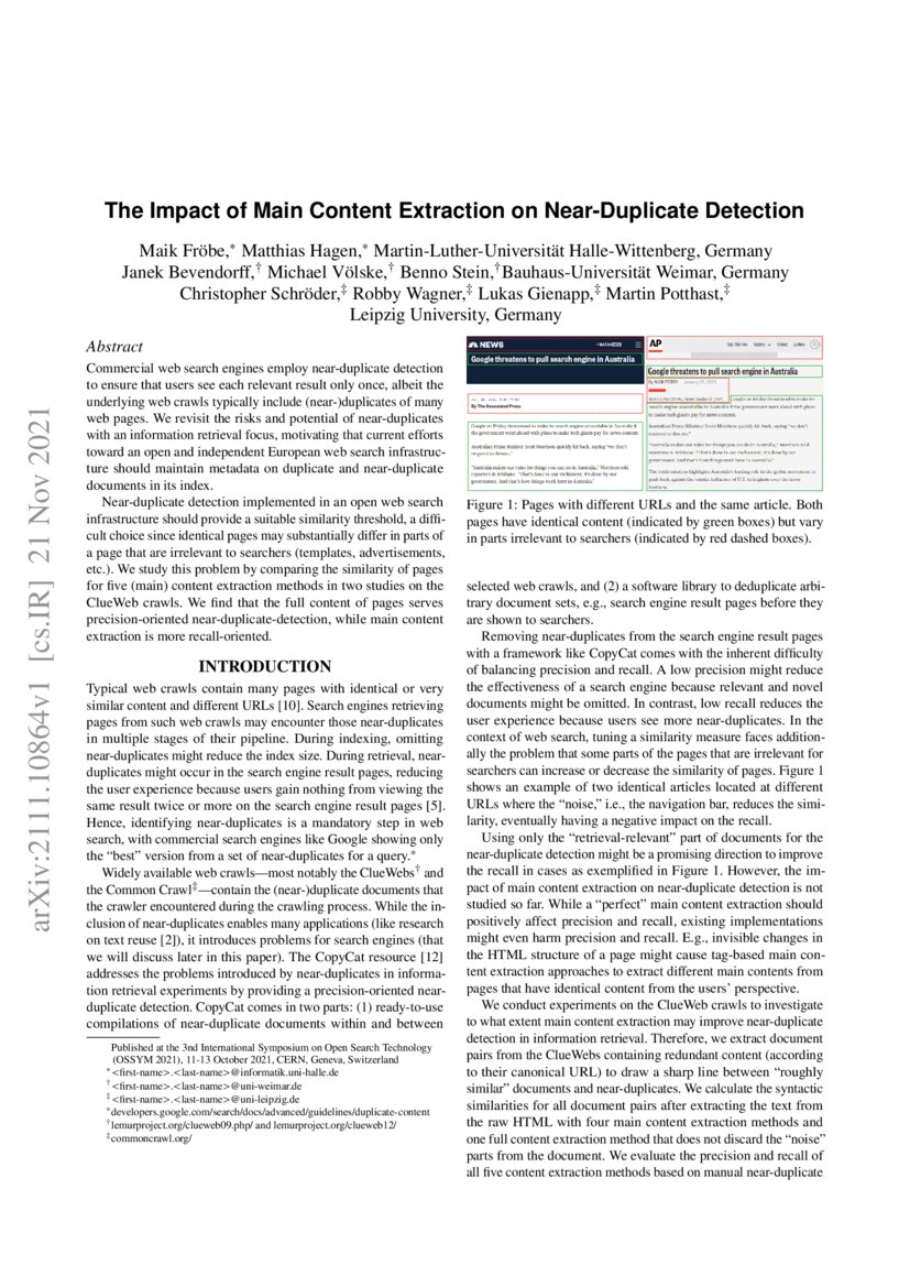 The Impact Of Main Content Extraction On Near Duplicate Detection Deepai 2300