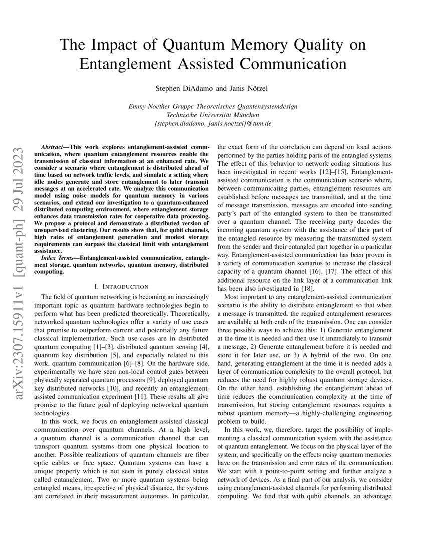 The Impact of Quantum Memory Quality on Entanglement Assisted Communication | DeepAI