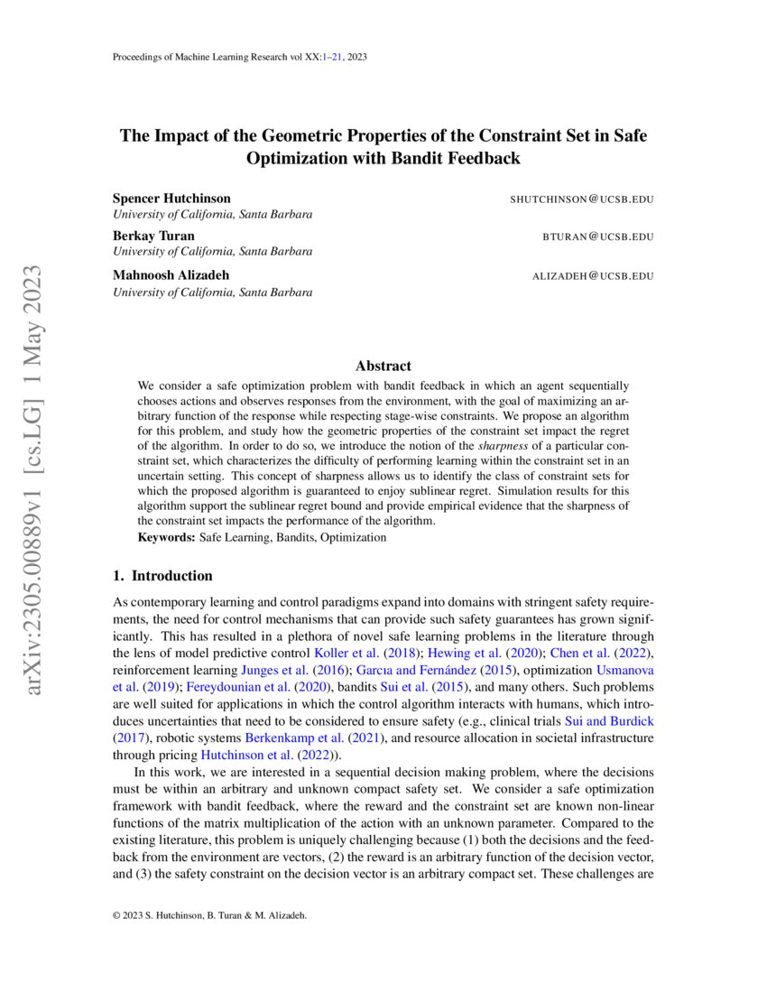 The Impact of the Geometric Properties of the Constraint Set in Safe Optimization with Bandit ...