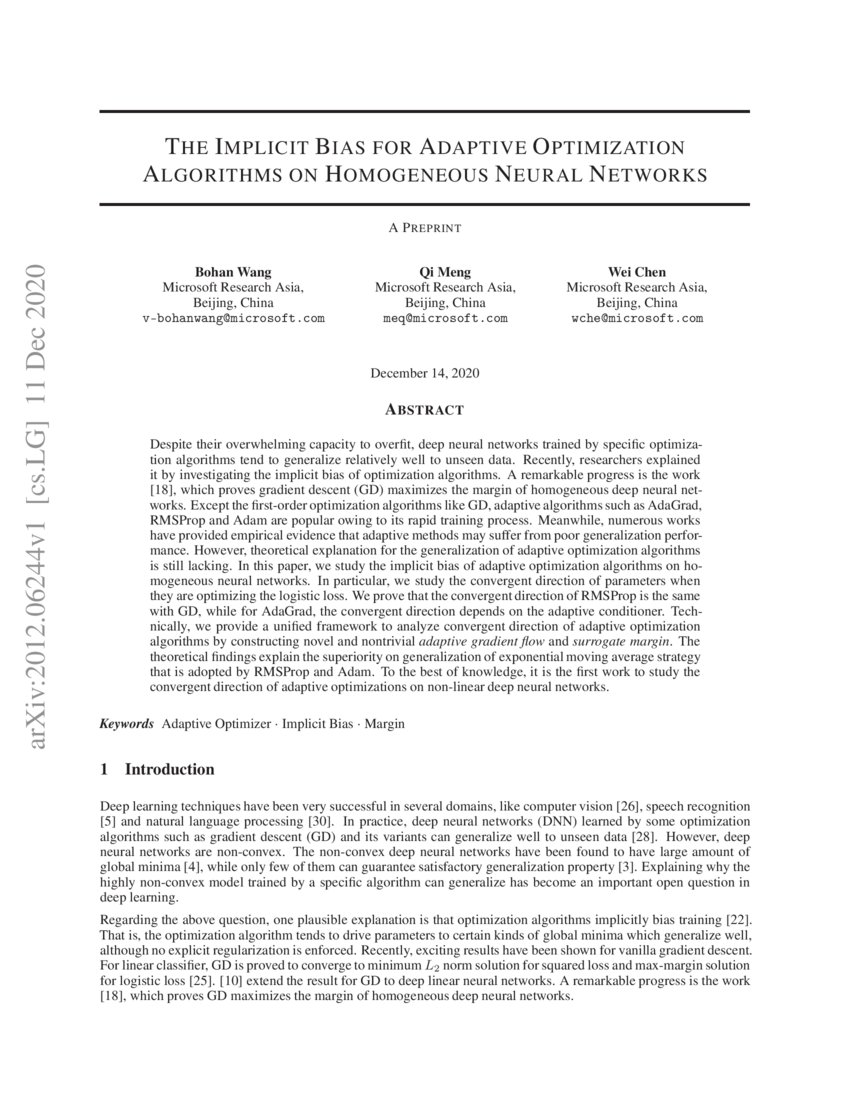 The Implicit Bias for Adaptive Optimization Algorithms on Homogeneous Neural Networks | DeepAI
