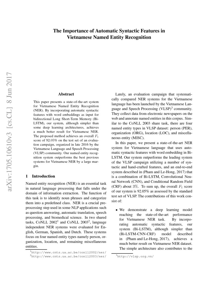 The Importance of Automatic Syntactic Features in Vietnamese Named Entity Recognition | DeepAI