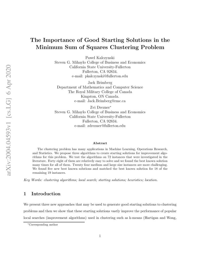 The Importance Of Good Starting Solutions In The Minimum Sum Of Squares Clustering Problem Deepai