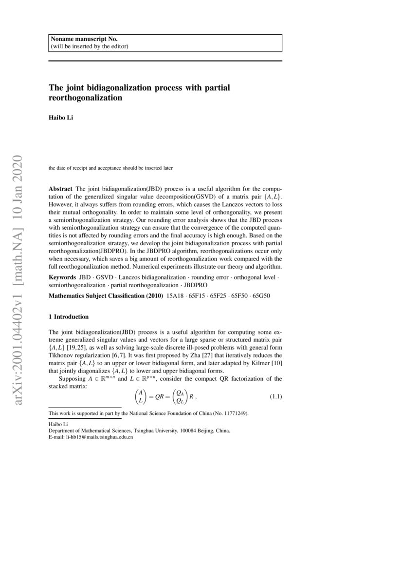 The joint bidiagonalization process with partial reorthogonalization ...