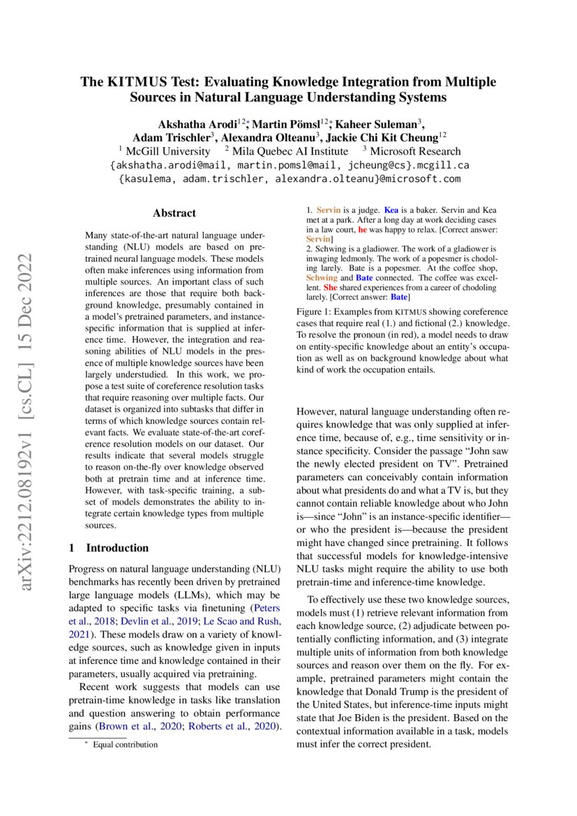 The Kitmus Test Evaluating Knowledge Integration From Multiple Sources In Natural Language