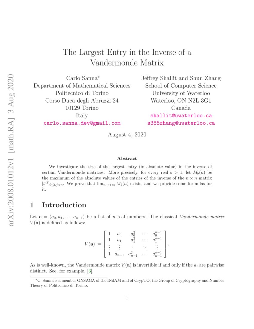 The Largest Entry In The Inverse Of A Vandermonde Matrix Deepai
