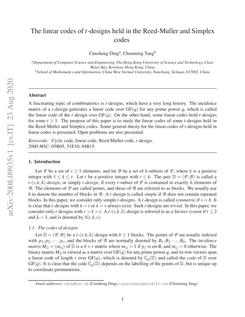 The linear codes of t-designs held in the Reed-Muller and Simplex codes | DeepAI