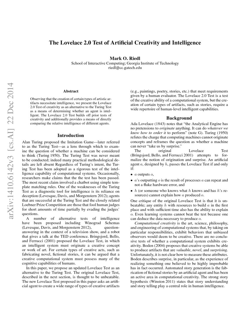 The Lovelace 2.0 Test of Artificial Creativity and Intelligence | DeepAI