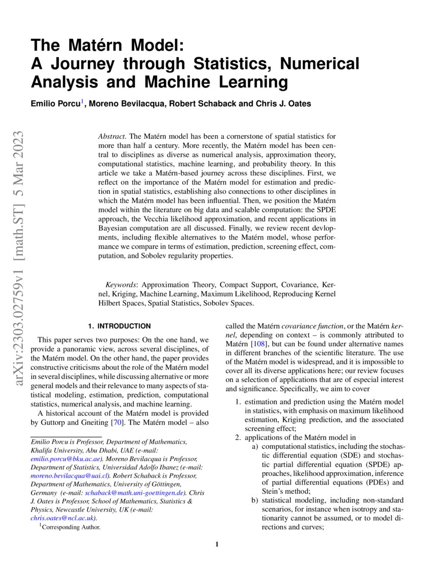 The Matérn Model: A Journey through Statistics, Numerical Analysis and Machine Learning | DeepAI