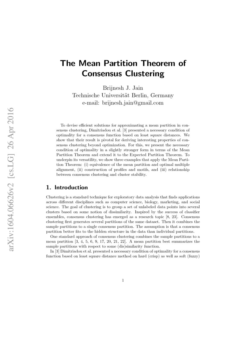 The Mean Partition Theorem Of Consensus Clustering Deepai