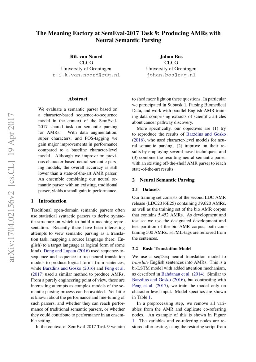 The Meaning Factory at SemEval-2017 Task 9: Producing AMRs with Neural Semantic Parsing | DeepAI
