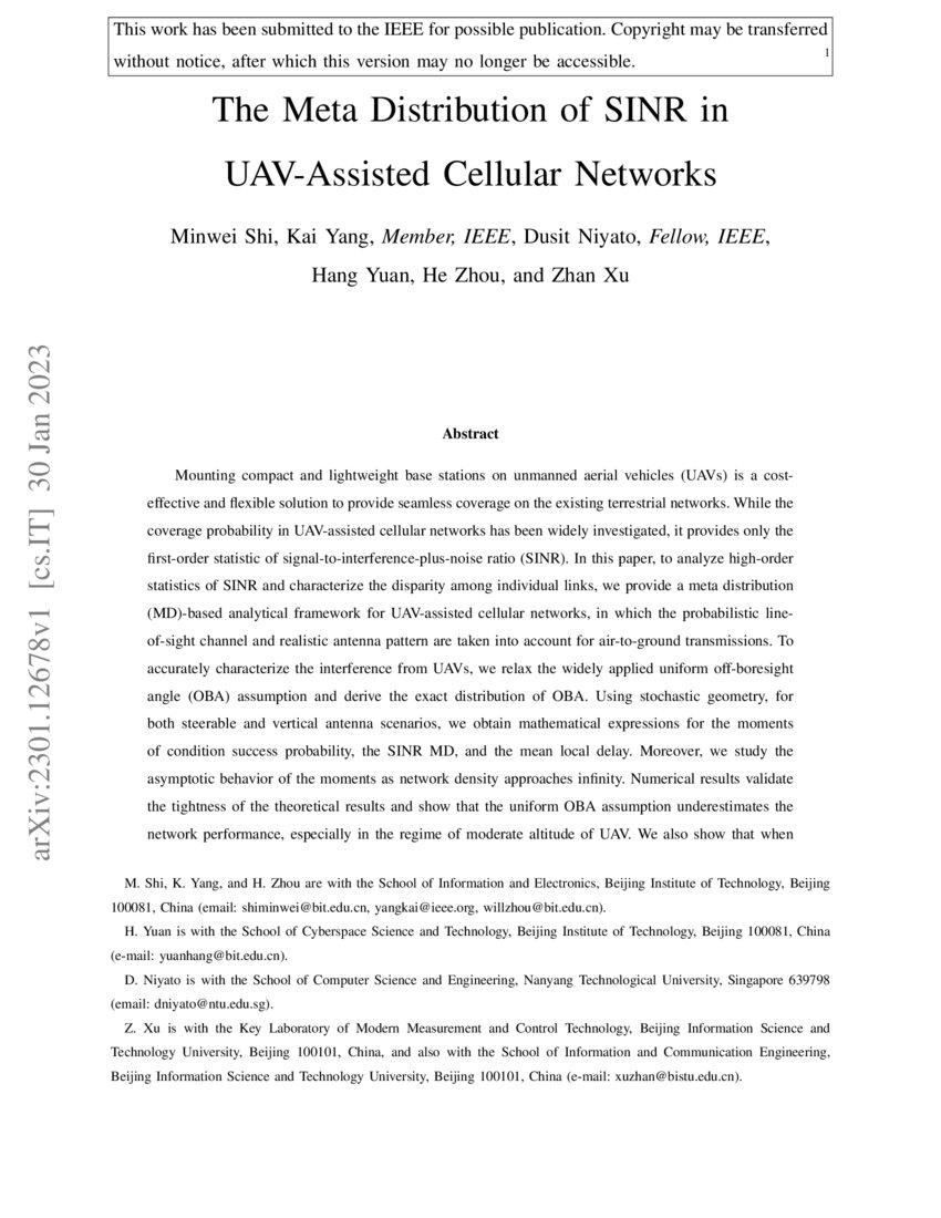 The Meta Distribution Of Sinr In Uav Assisted Cellular Networks Deepai