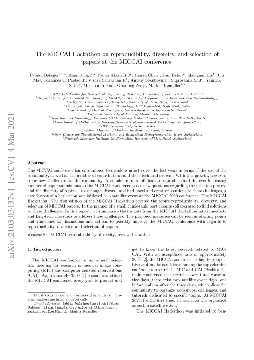 The MICCAI Hackathon on reproducibility, diversity, and selection of ...