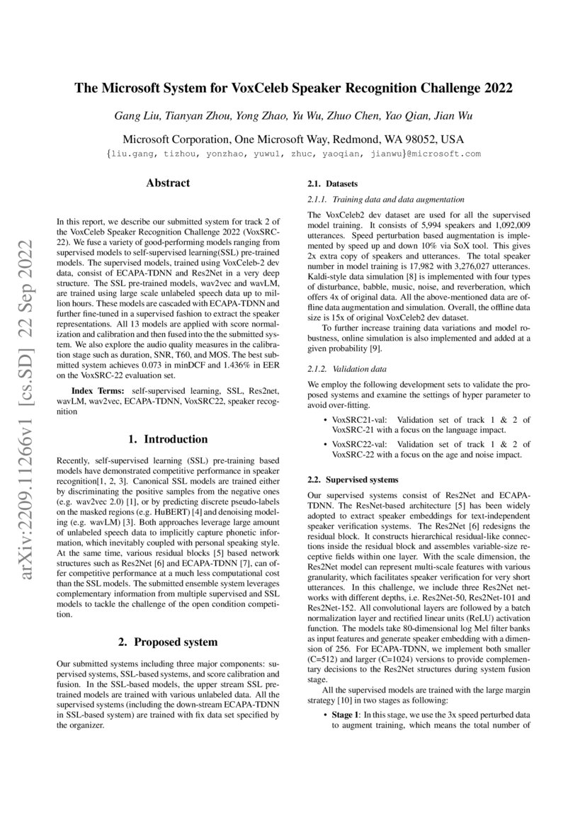 The Microsoft System for VoxCeleb Speaker Recognition Challenge 2022 ...