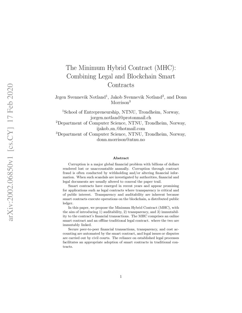 The Minimum Hybrid Contract (MHC): Combining legal and blockchain smart ...