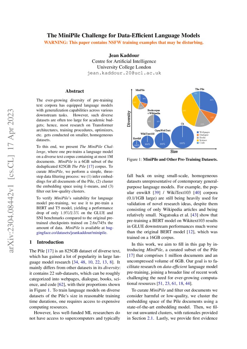 The Minipile Challenge For Data Efficient Language Models Deepai