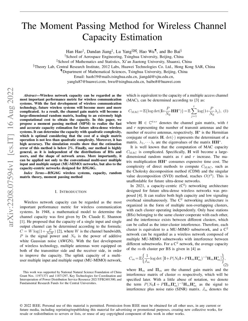 The Moment Passing Method for Wireless Channel Capacity Estimation | DeepAI