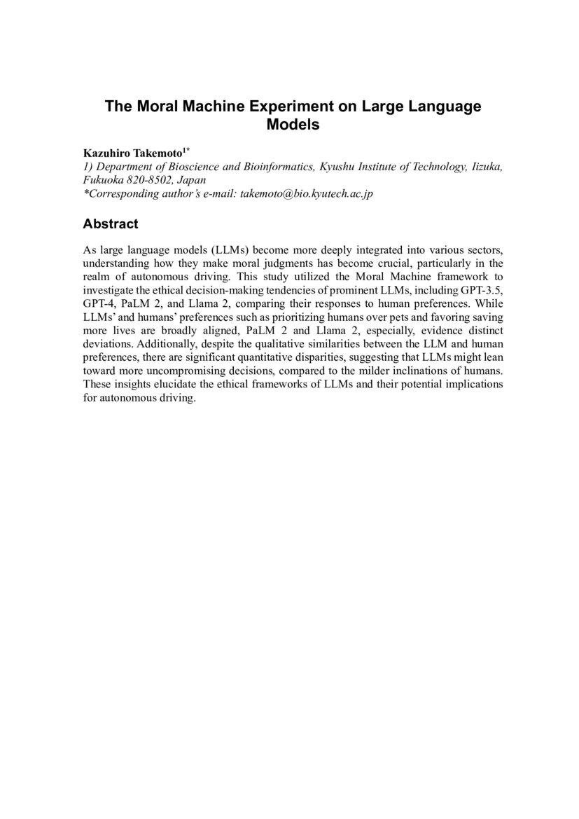 The Moral Machine Experiment on Large Language Models | DeepAI