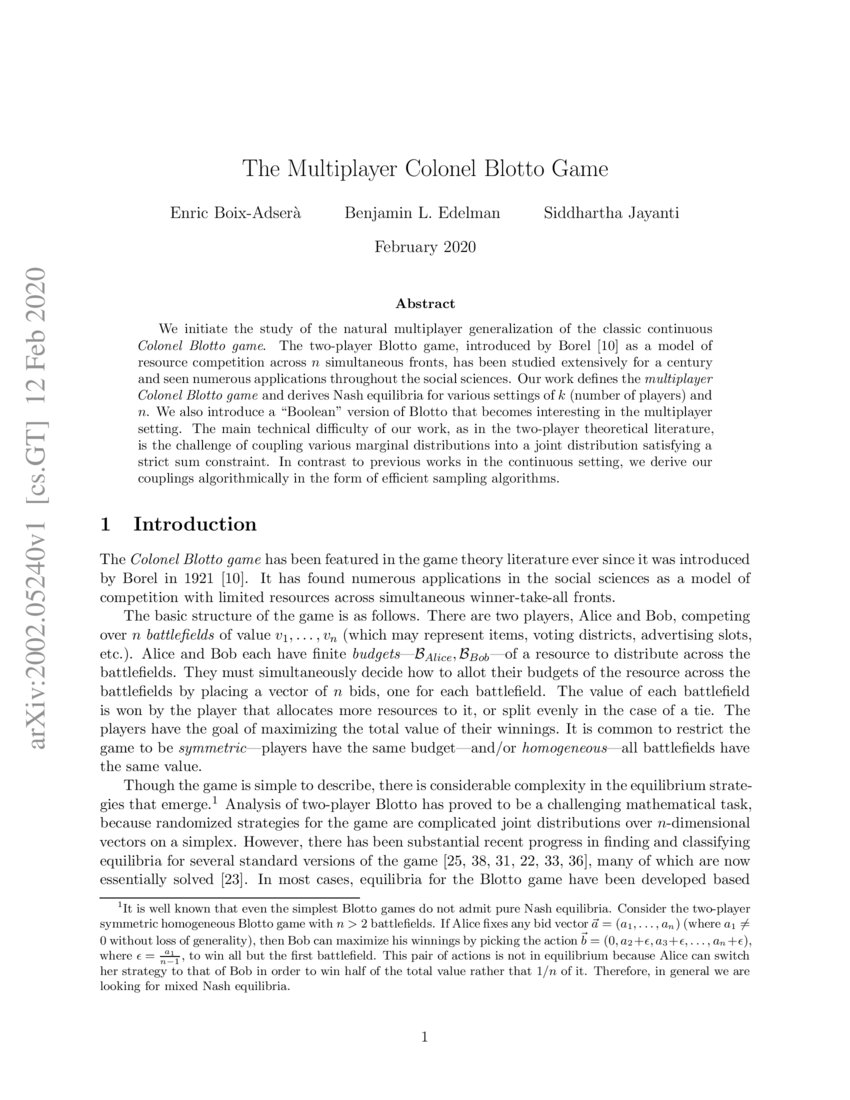 The Multiplayer Colonel Blotto Game | DeepAI