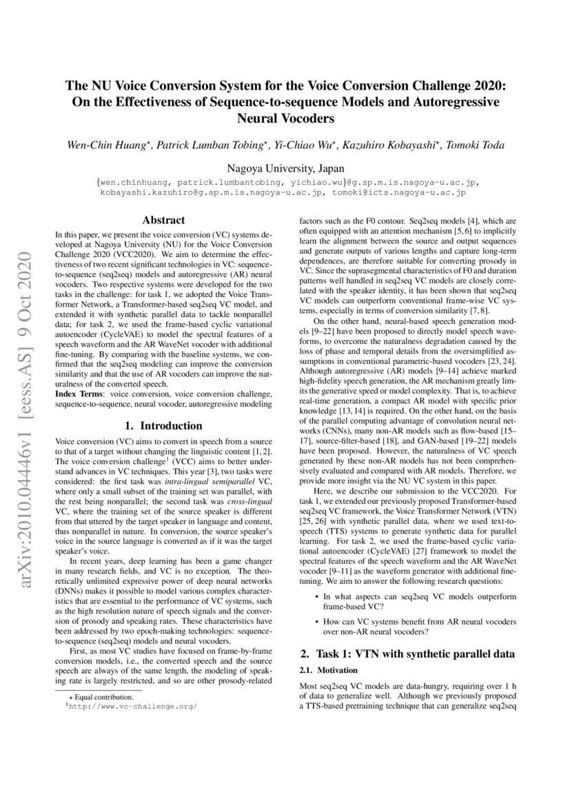 The NU Voice Conversion System for the Voice Conversion Challenge 2020: On the Effectiveness of ...