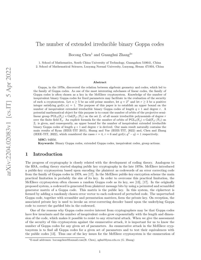 The number of extended irreducible binary Goppa codes | DeepAI