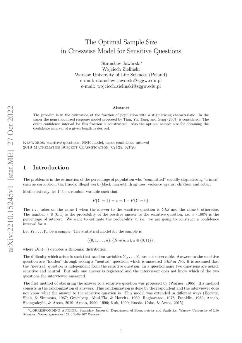 The Optimal Sample Size In Crosswise Model For Sensitive Questions Deepai