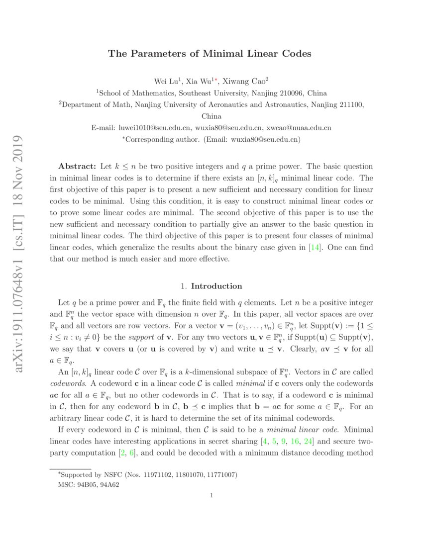 The Parameters of Minimal Linear Codes | DeepAI