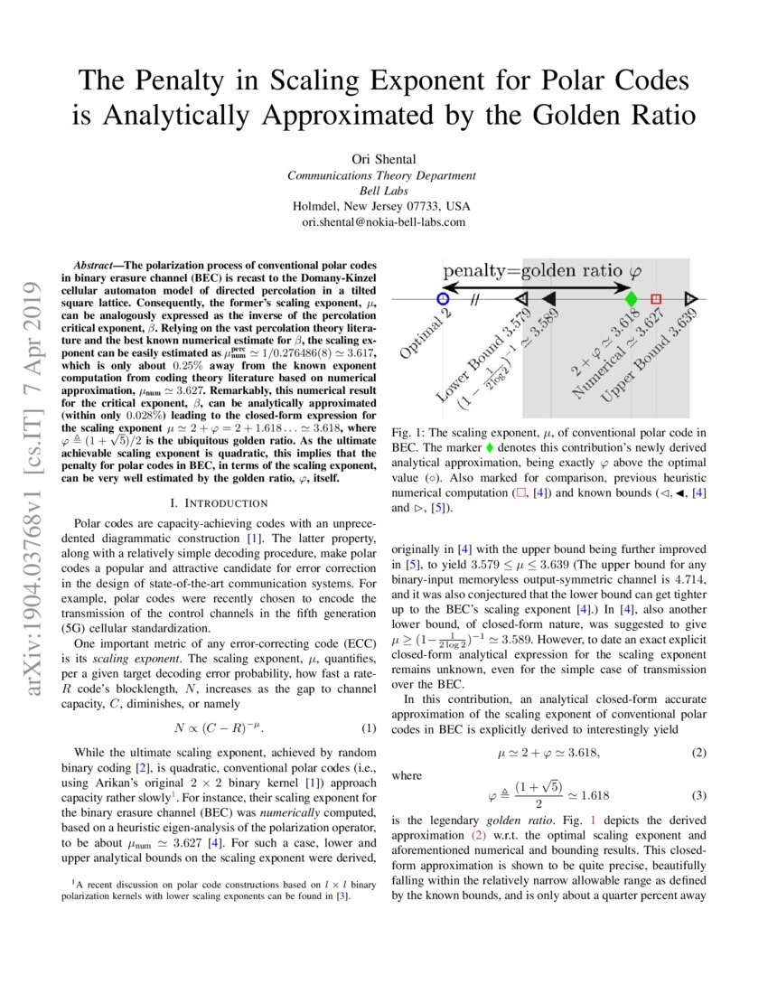 The Penalty in Scaling Exponent for Polar Codes is Analytically Approximated by the Golden Ratio ...