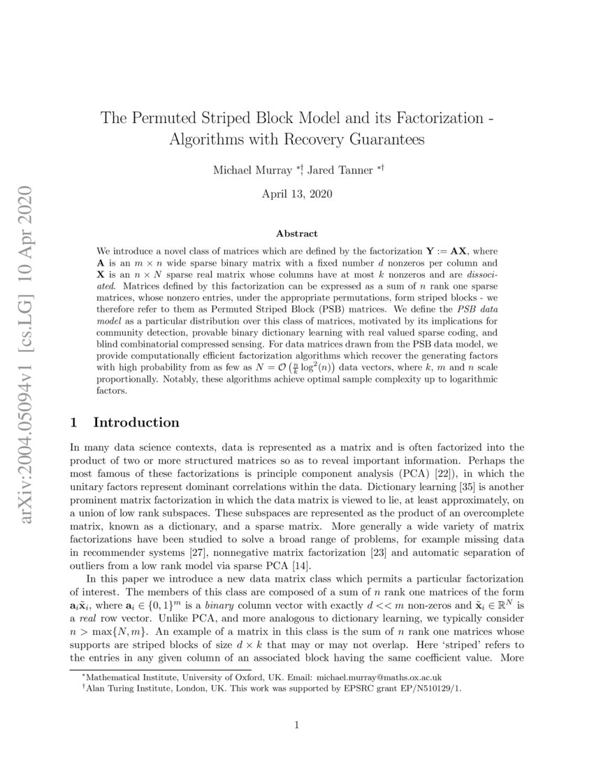The Permuted Striped Block Model and its Factorization – Algorithms with Recovery Guarantees ...